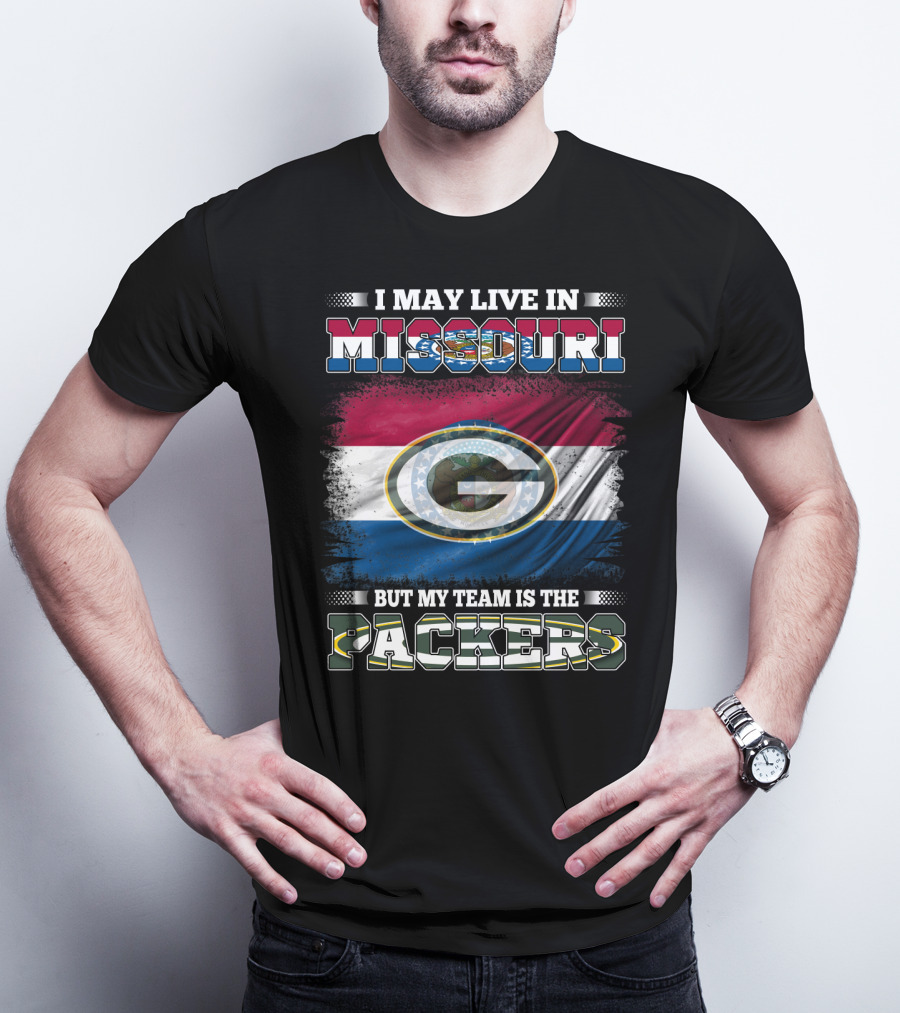 I May Live In Missouri But My Team Is The Packers With Green Bay Logo On Missouri State Flag T-Shirt
