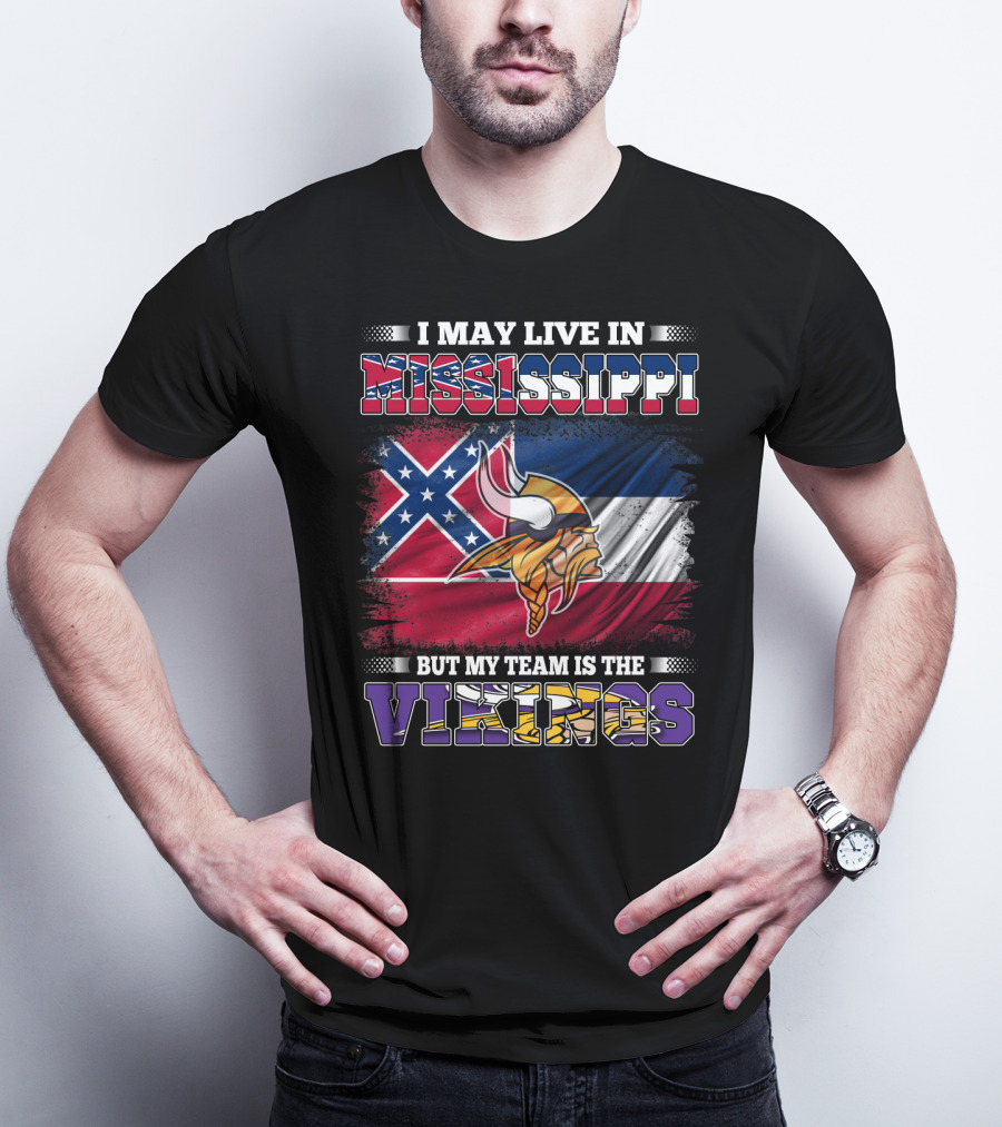 I May Live In Mississippi But My Team Is The Vikings With Southern Flag And Viking Helmet T-Shirt