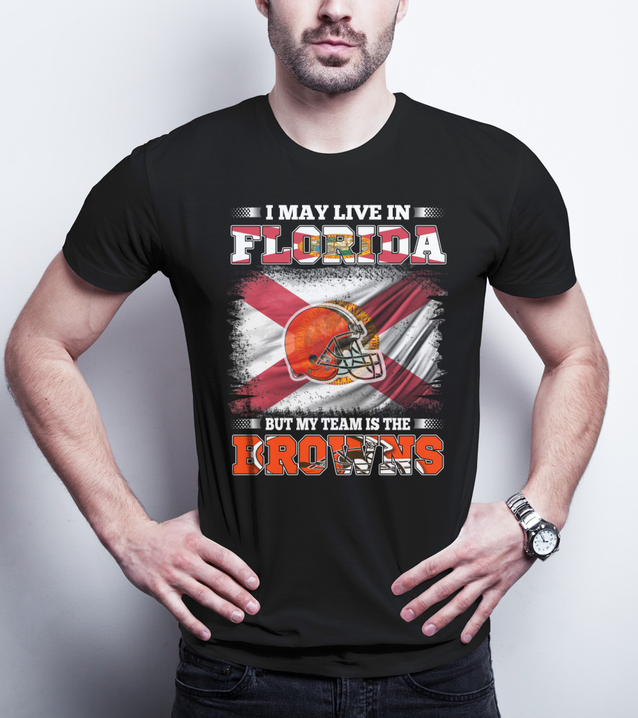 I May Live In Florida But My Team Is The Browns Football Helmet With State Flag Background T-Shirt