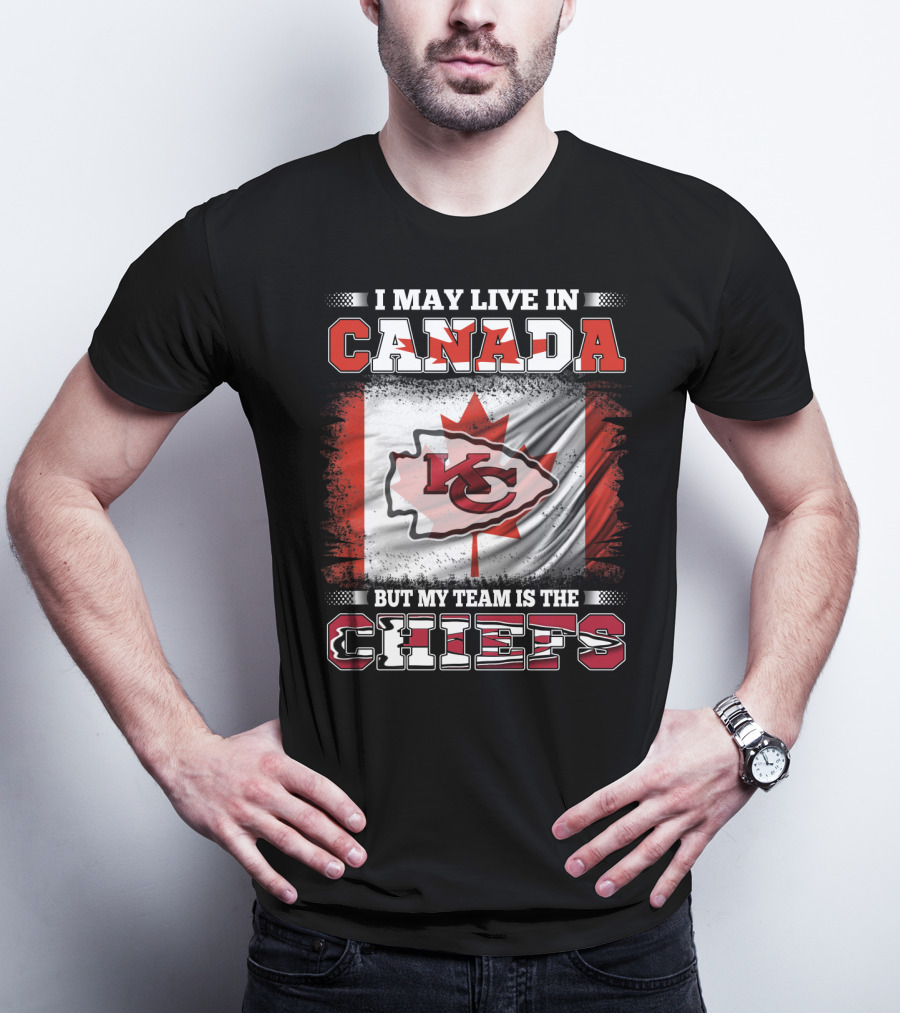 Chiefs Enthusiast Living In Canada With Kansas City Logo And Canadian Flag Background T-Shirt