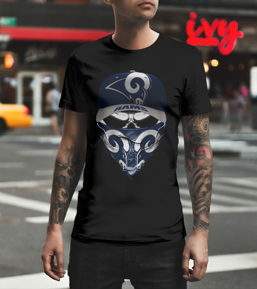 Los Angeles Rams Blue And Silver Skull Bandana And Cap T-Shirt