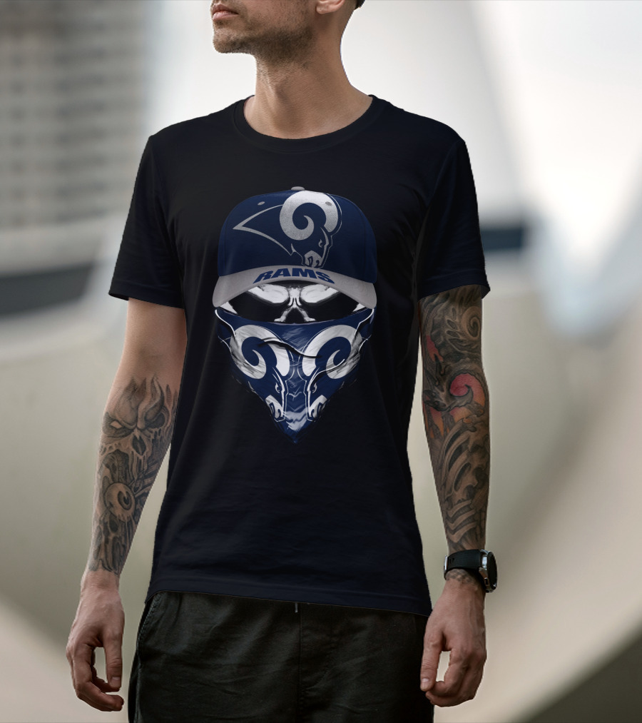 Los Angeles Rams Blue And Silver Skull Bandana And Cap T-Shirt