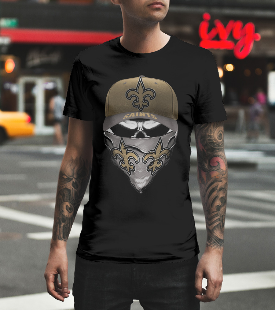 New Orleans Saints Fleur-De-Lis Skull Mask And Cap T-Shirt