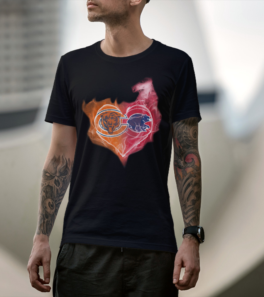 Chicago Bears Cubs Heart Fire Logo Fusion T-Shirt