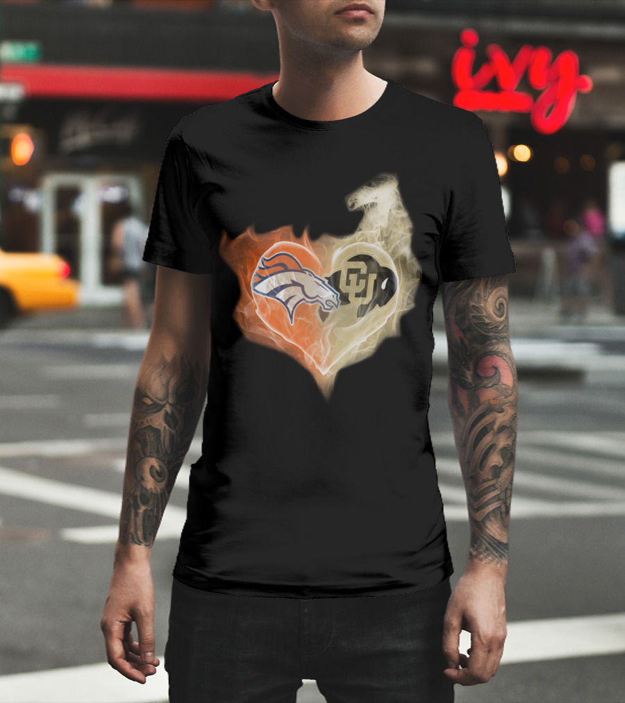 Broncos Colorado Buffaloes Heart-Shaped Flames T-Shirt