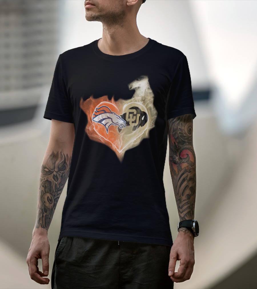 Broncos Colorado Buffaloes Heart-Shaped Flames T-Shirt