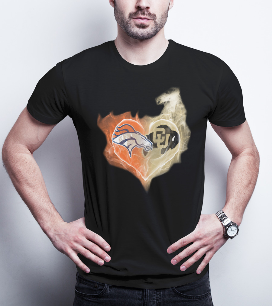 Broncos Colorado Buffaloes Heart-Shaped Flames T-Shirt