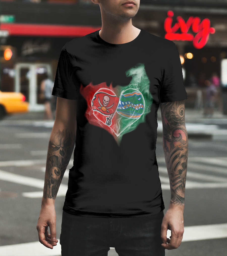 Buccaneers And Florida Gators Heart Smoke Logo Combination T-Shirt