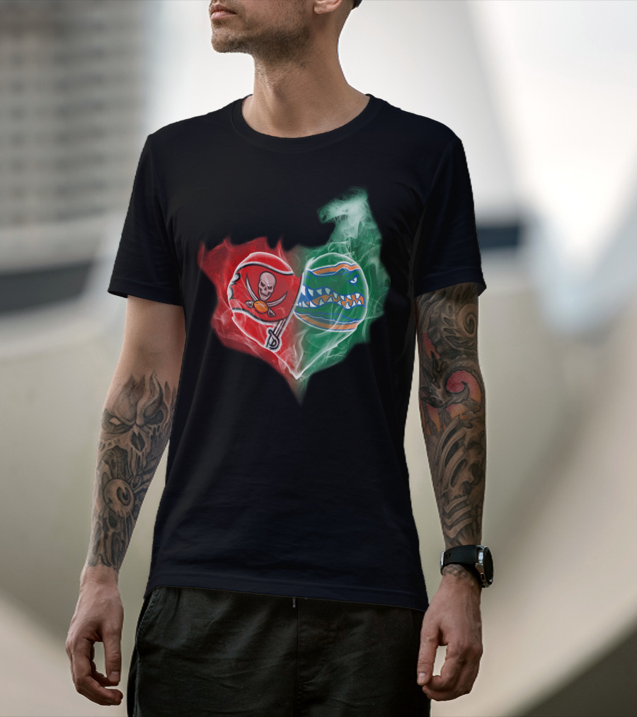 Buccaneers And Florida Gators Heart Smoke Logo Combination T-Shirt