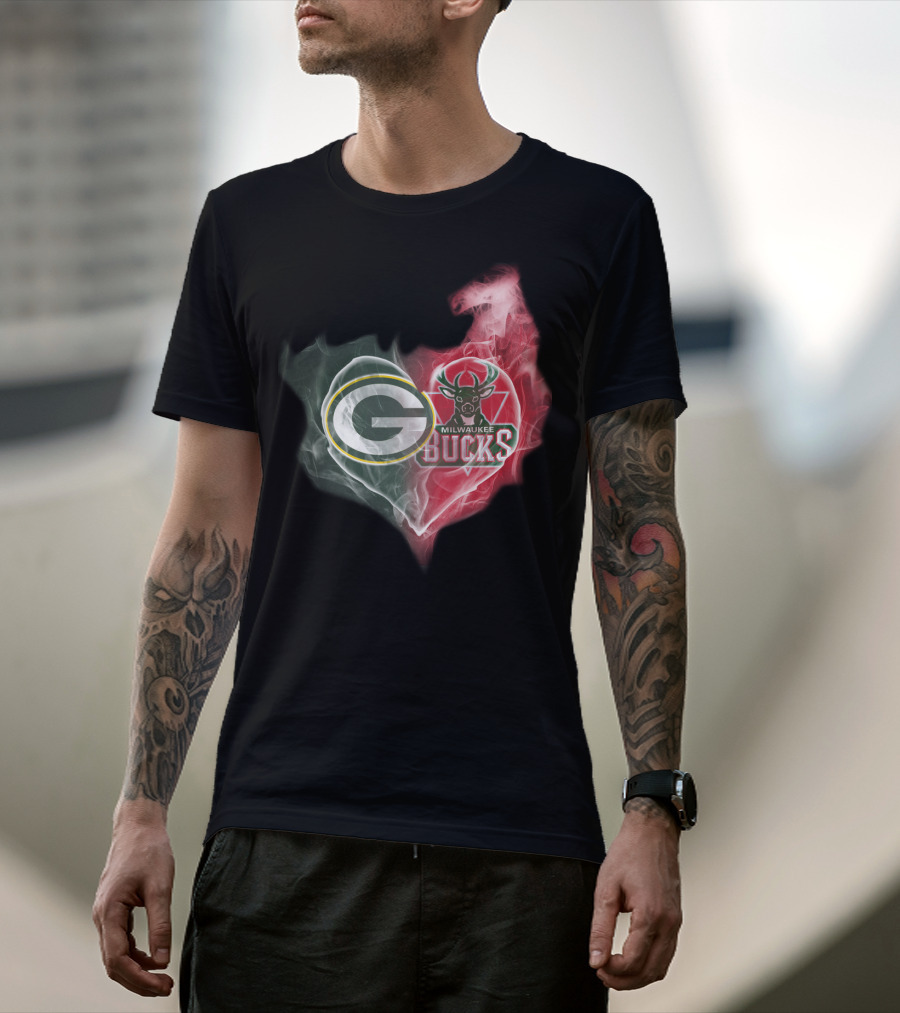 Green Bay Packers And Milwaukee Bucks Heart Fusion T-Shirt