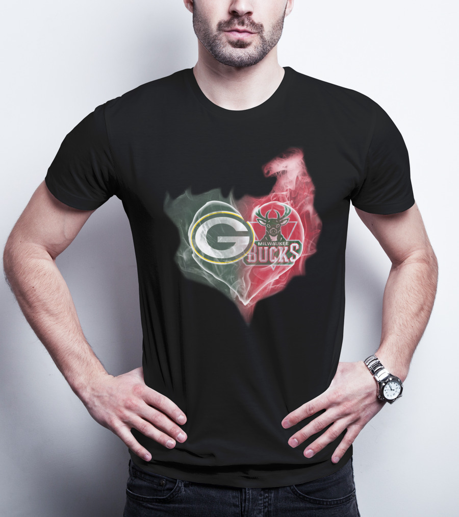 Green Bay Packers And Milwaukee Bucks Heart Fusion T-Shirt
