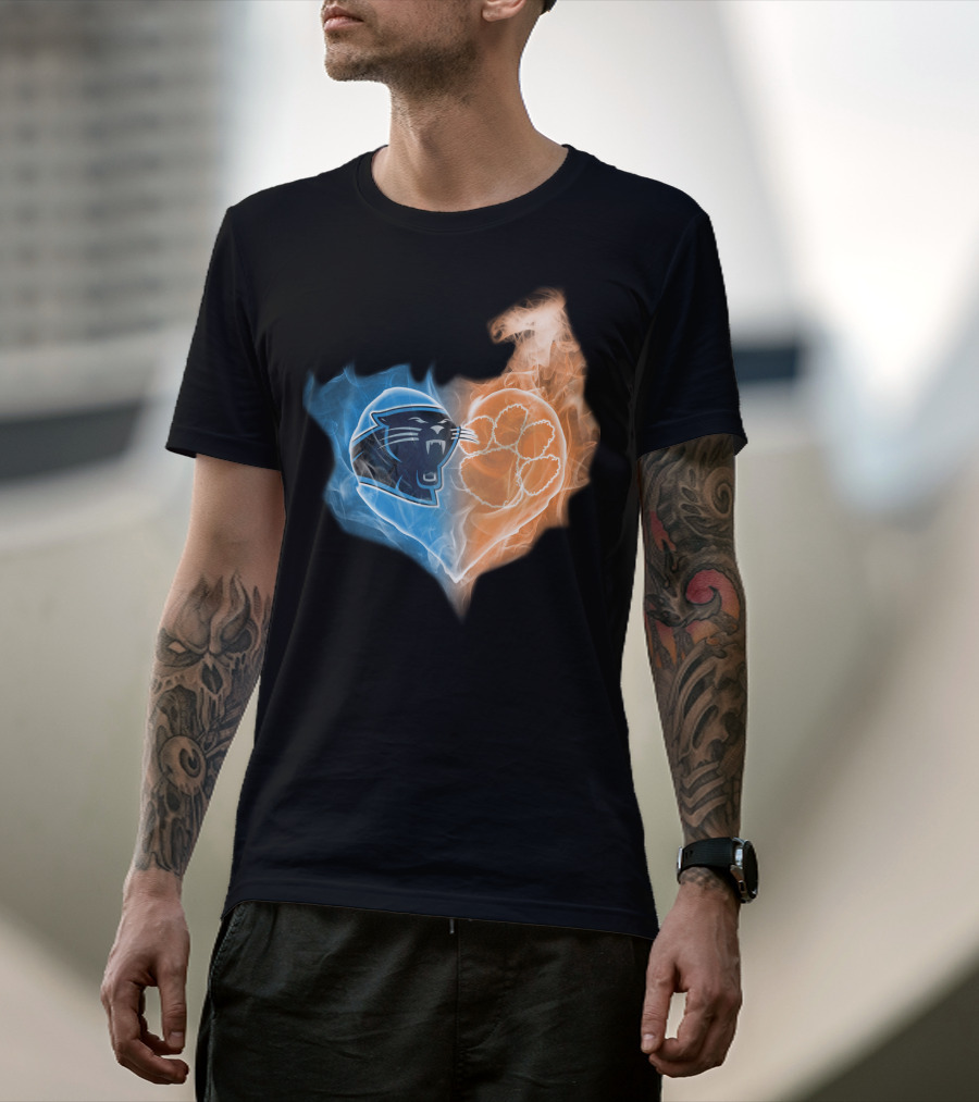 Carolina Panthers Clemson Tigers Heart Logo Fire And Ice T-Shirt