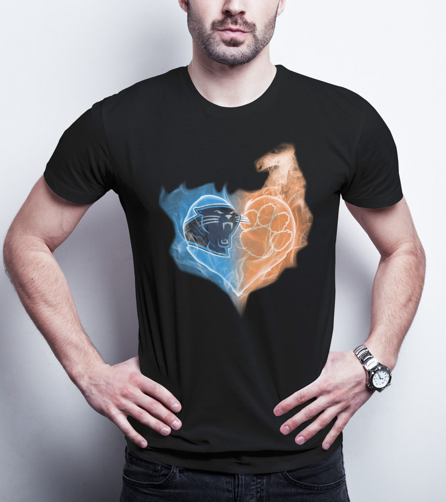 Carolina Panthers Clemson Tigers Heart Logo Fire And Ice T-Shirt
