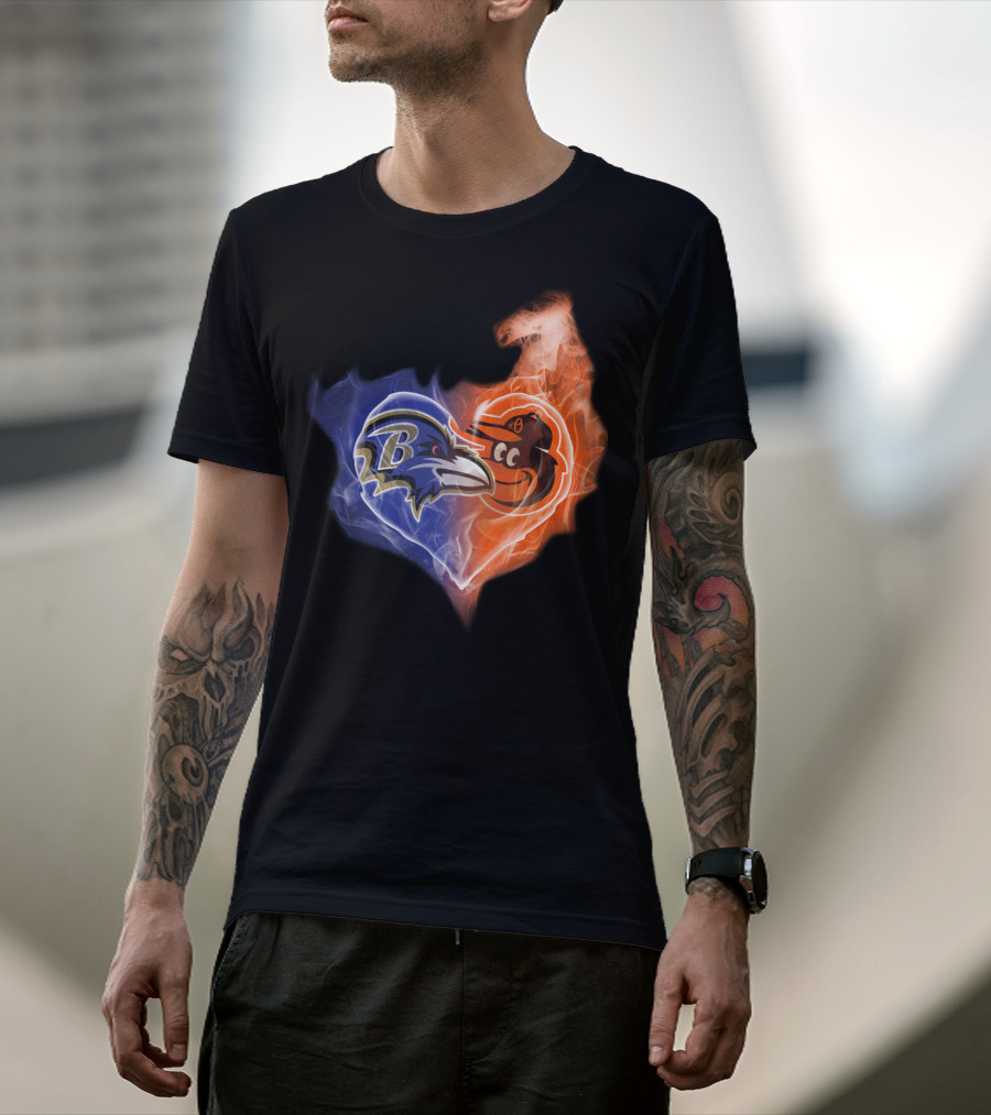 Baltimore Ravens Orioles Heart Flame T-Shirt