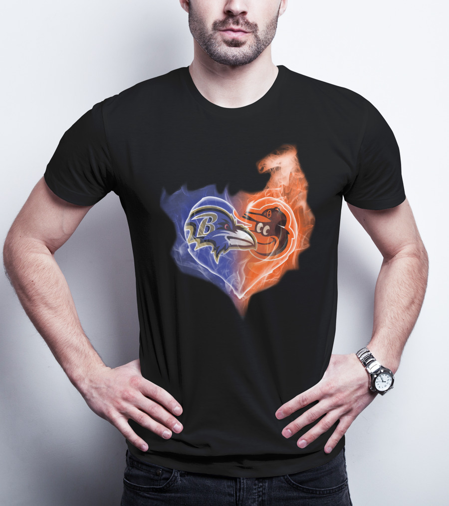 Baltimore Ravens Orioles Heart Flame T-Shirt