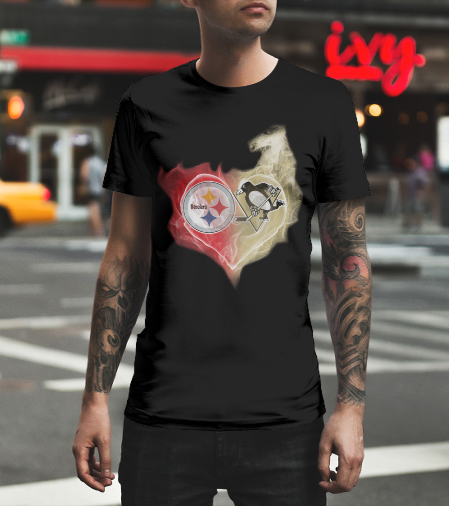 Steelers Pittsburgh Penguins Heart Shape Emblem T-Shirt