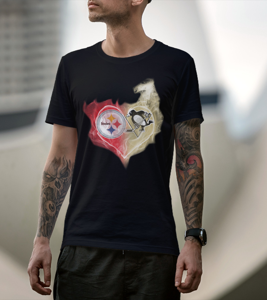 Steelers Pittsburgh Penguins Heart Shape Emblem T-Shirt