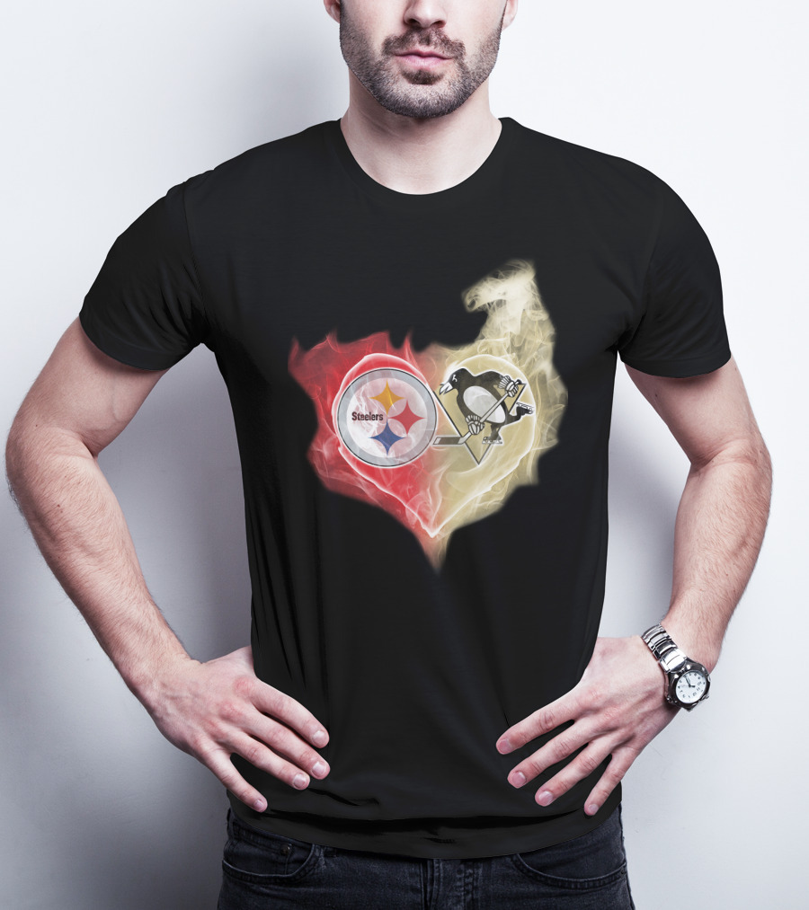 Steelers Pittsburgh Penguins Heart Shape Emblem T-Shirt