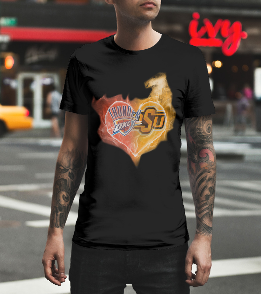 Thunder OKC And OSU Cowboys Flame Heart T-Shirt