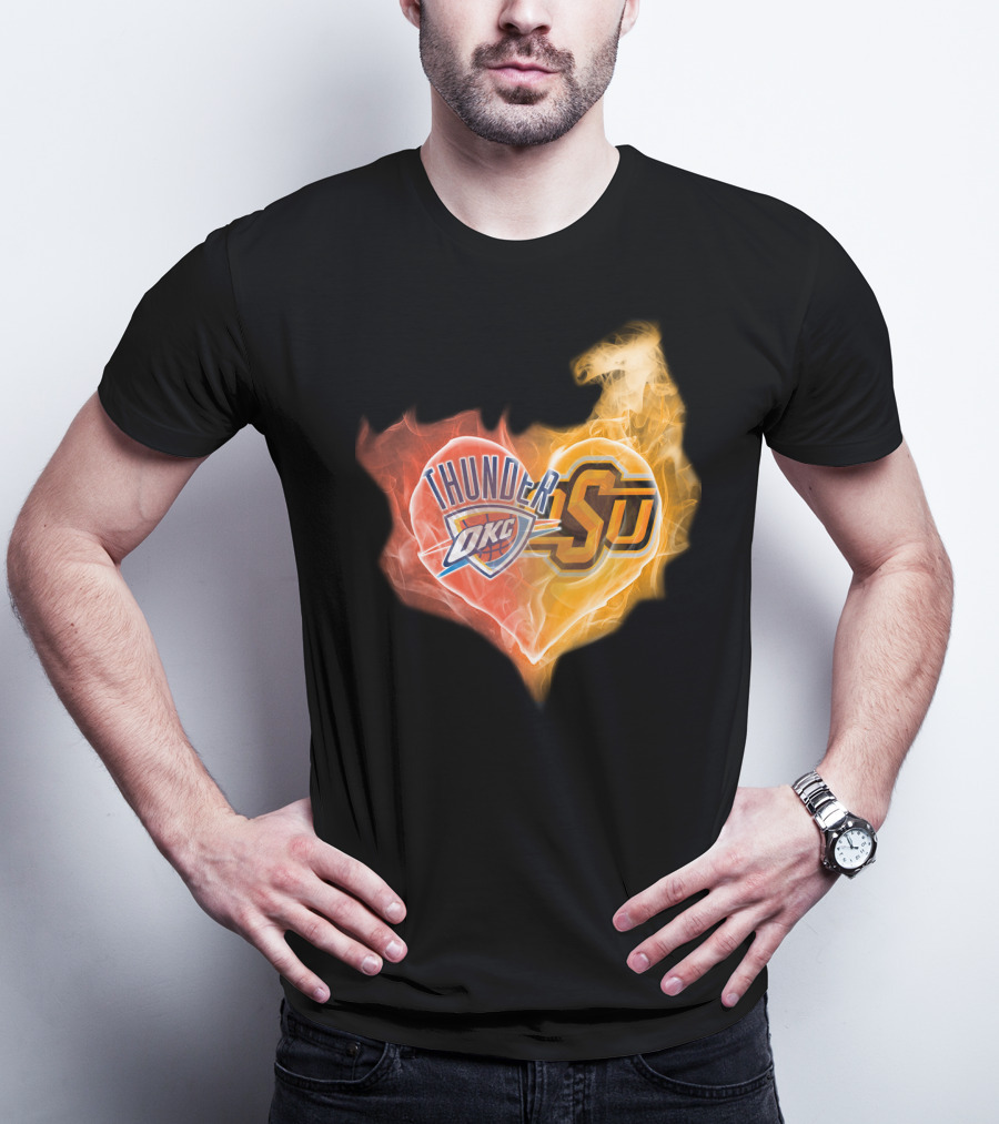 Thunder OKC And OSU Cowboys Flame Heart T-Shirt