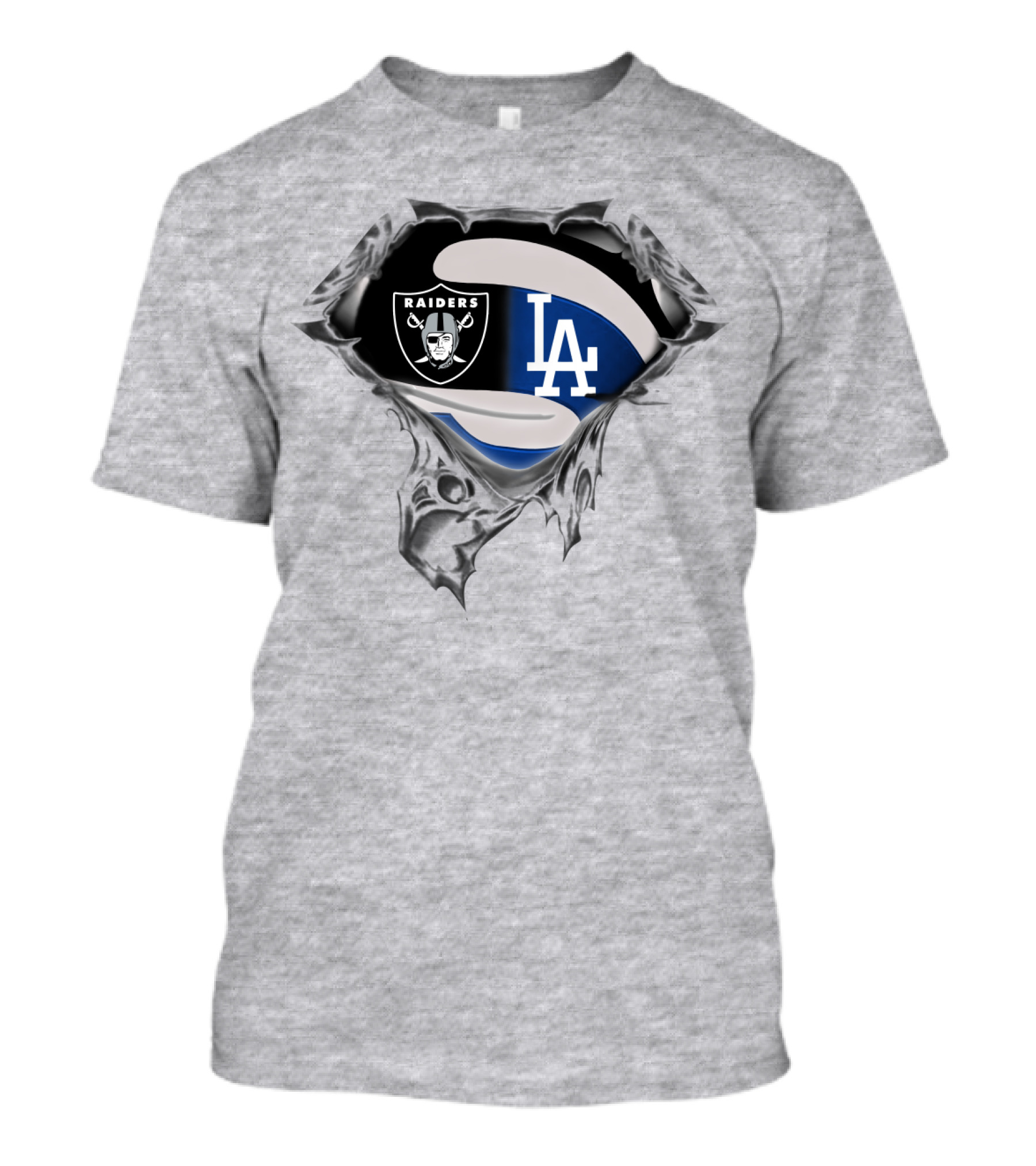 Raiders And Dodgers Logos Underneath Ripped Metal T-Shirt