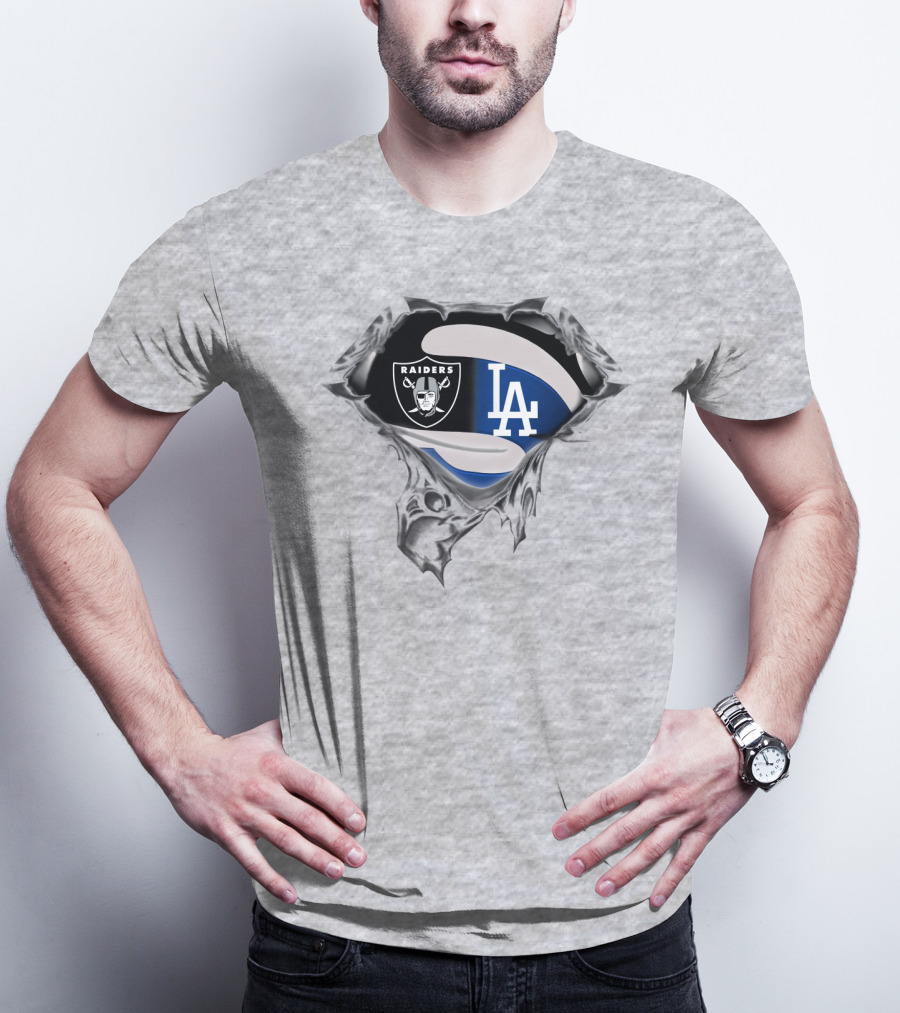 Raiders And Dodgers Logos Underneath Ripped Metal T-Shirt