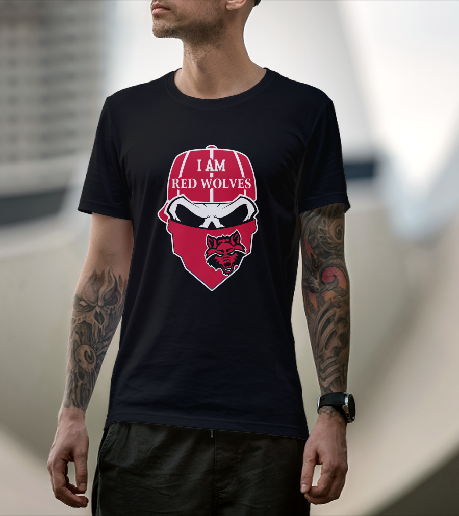 I Am Red Wolves Arkansas State Skull Bandana T-Shirt