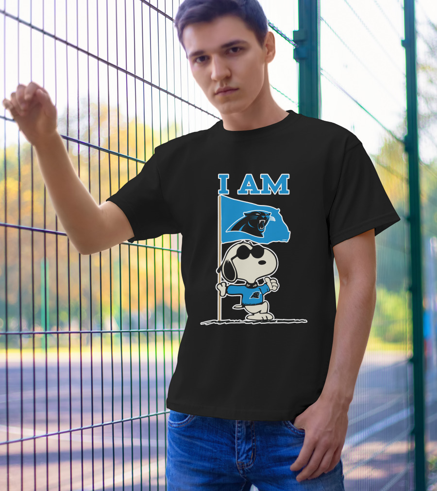Carolina Panthers Snoopy I Am Peanuts Blue Flag T-Shirt