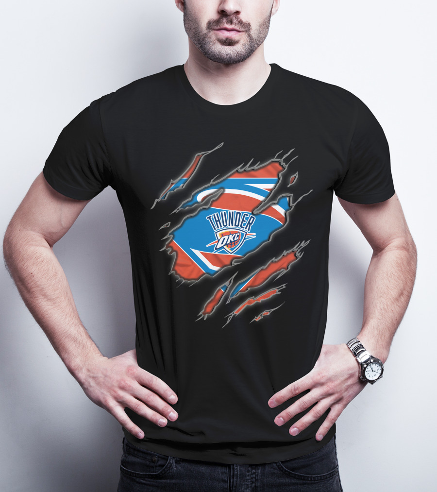 Oklahoma City Thunder Okc Emblem With Superman Style Ripped T-Shirt