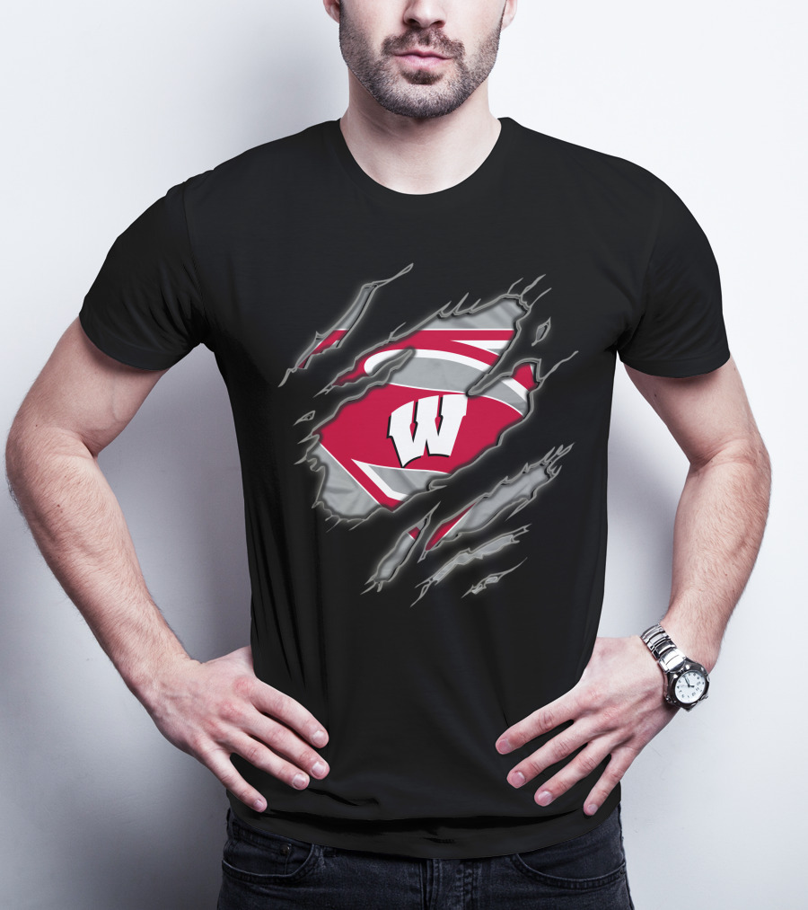 Wisconsin Badgers Superman Logo Ripped Effect T-Shirt