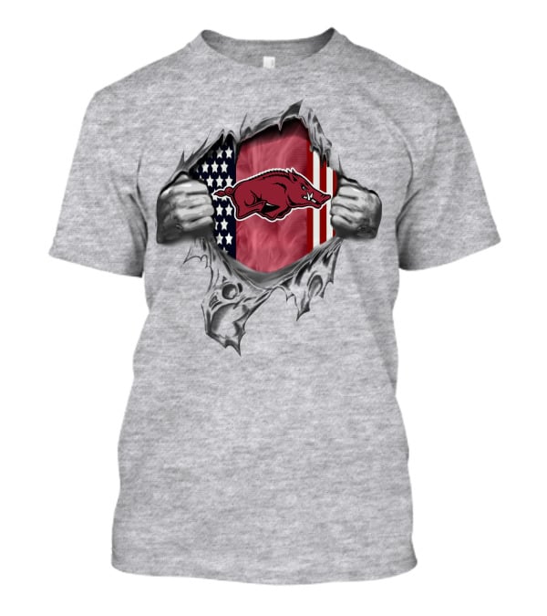 Torn American Flag With Arkansas Razorbacks Logo Peeking Through T-Shirt