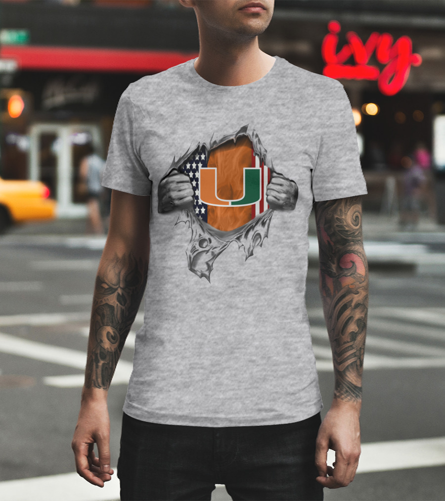 Usa Flag Miami Hurricanes U Logo Burst T-Shirt