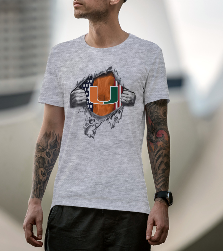 Usa Flag Miami Hurricanes U Logo Burst T-Shirt