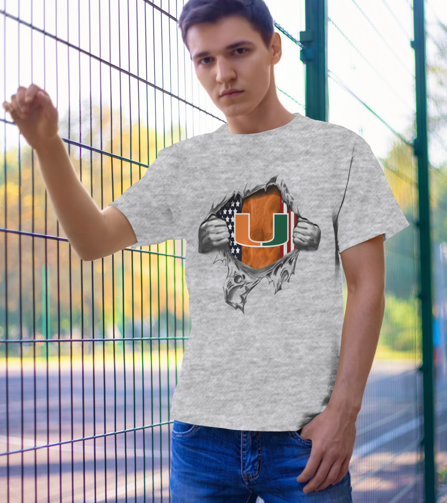 Usa Flag Miami Hurricanes U Logo Burst T-Shirt