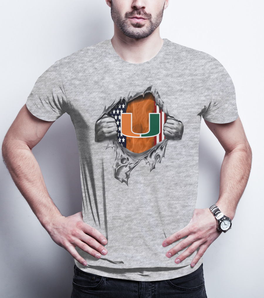 Usa Flag Miami Hurricanes U Logo Burst T-Shirt