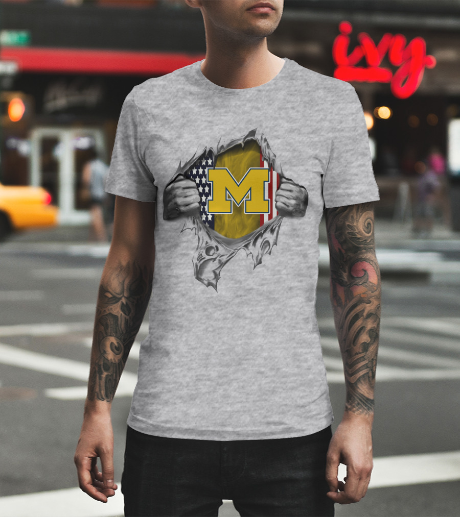 Michigan Wolverines M Logo With American Flag Tear T-Shirt