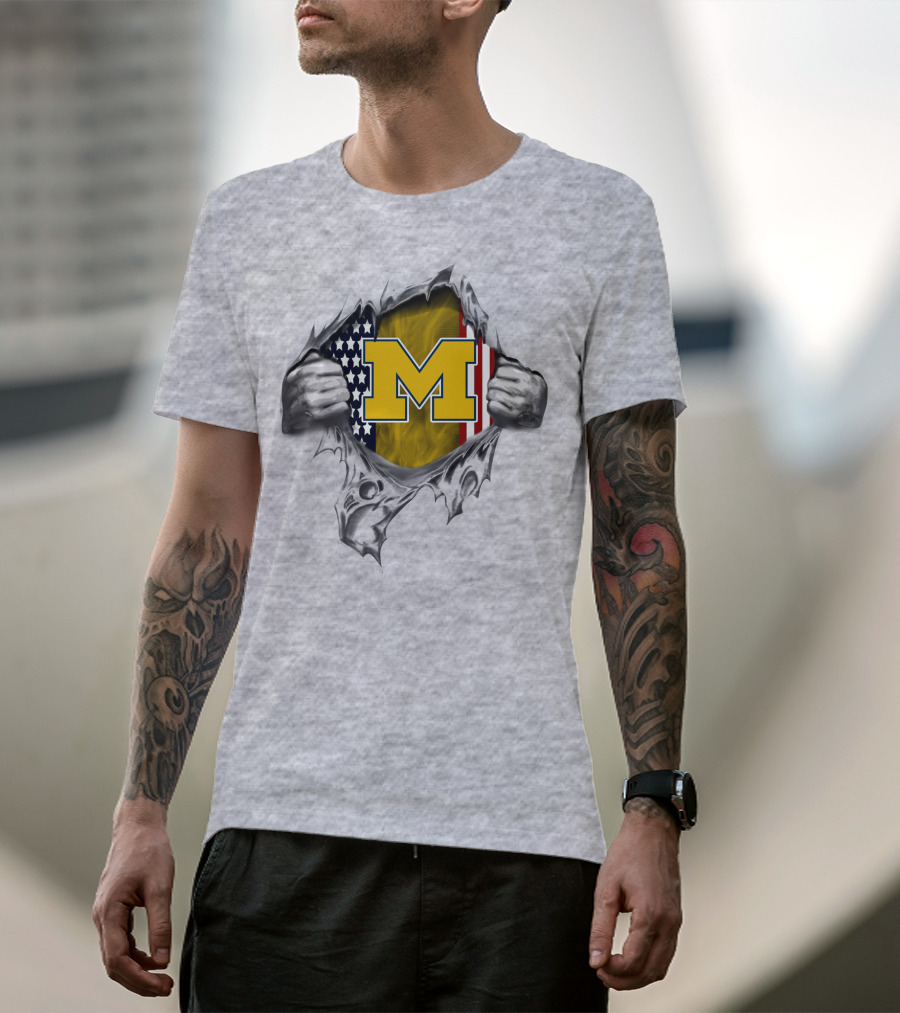 Michigan Wolverines M Logo With American Flag Tear T-Shirt