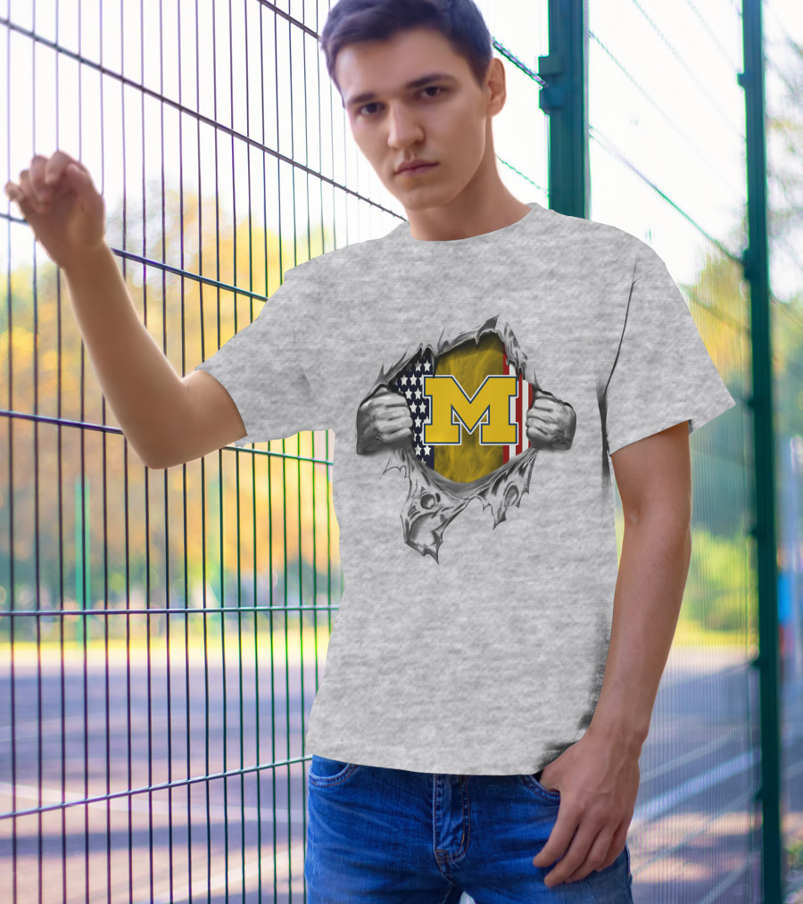 Michigan Wolverines M Logo With American Flag Tear T-Shirt