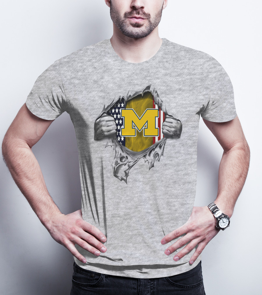Michigan Wolverines M Logo With American Flag Tear T-Shirt