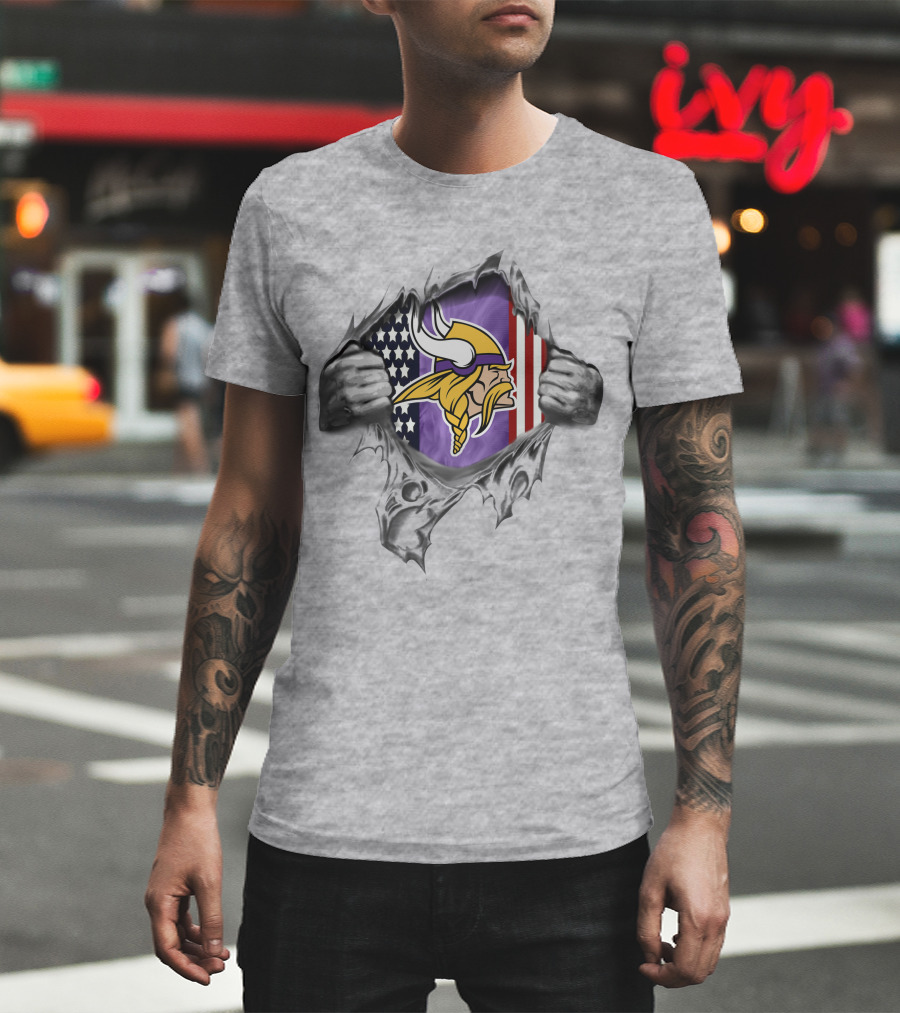 Ripped American Flag With Minnesota Vikings Logo And Viking Head T-Shirt