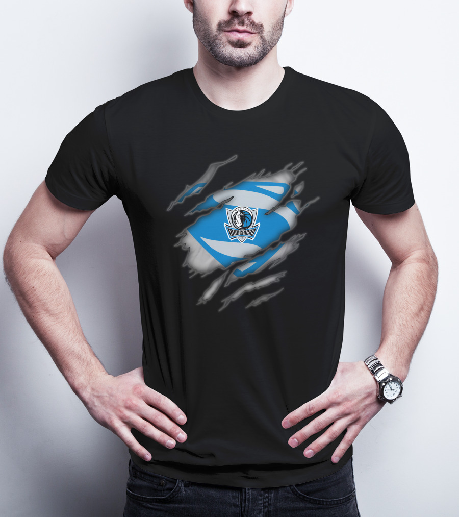 Dallas Mavericks Logo With Superman Style Costume Rip T-Shirt