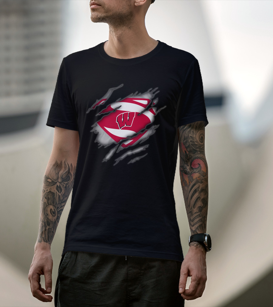 Wisconsin Badgers Logo With Superman Style Shield Print T-Shirt