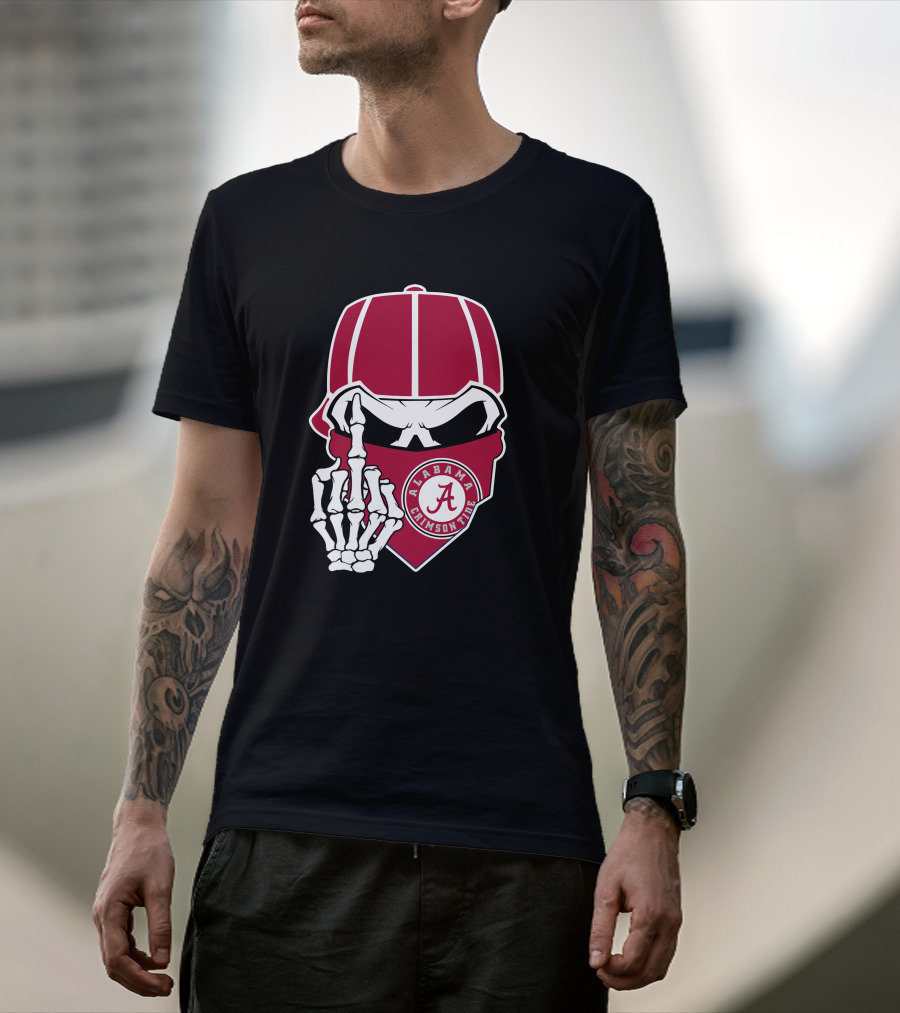 Alabama Crimson Tide Skull Skeleton Bandana Middle Finger T-Shirt
