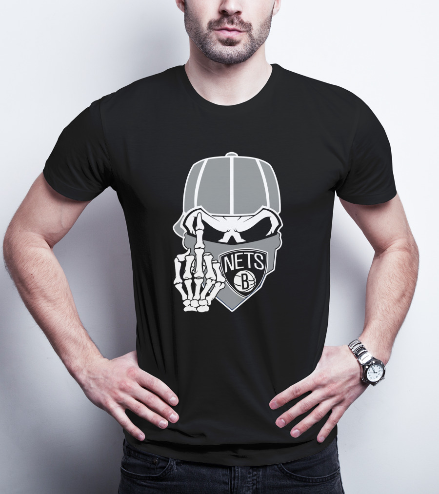 Brooklyn Nets Skull Skeleton Hand Gesture T-Shirt