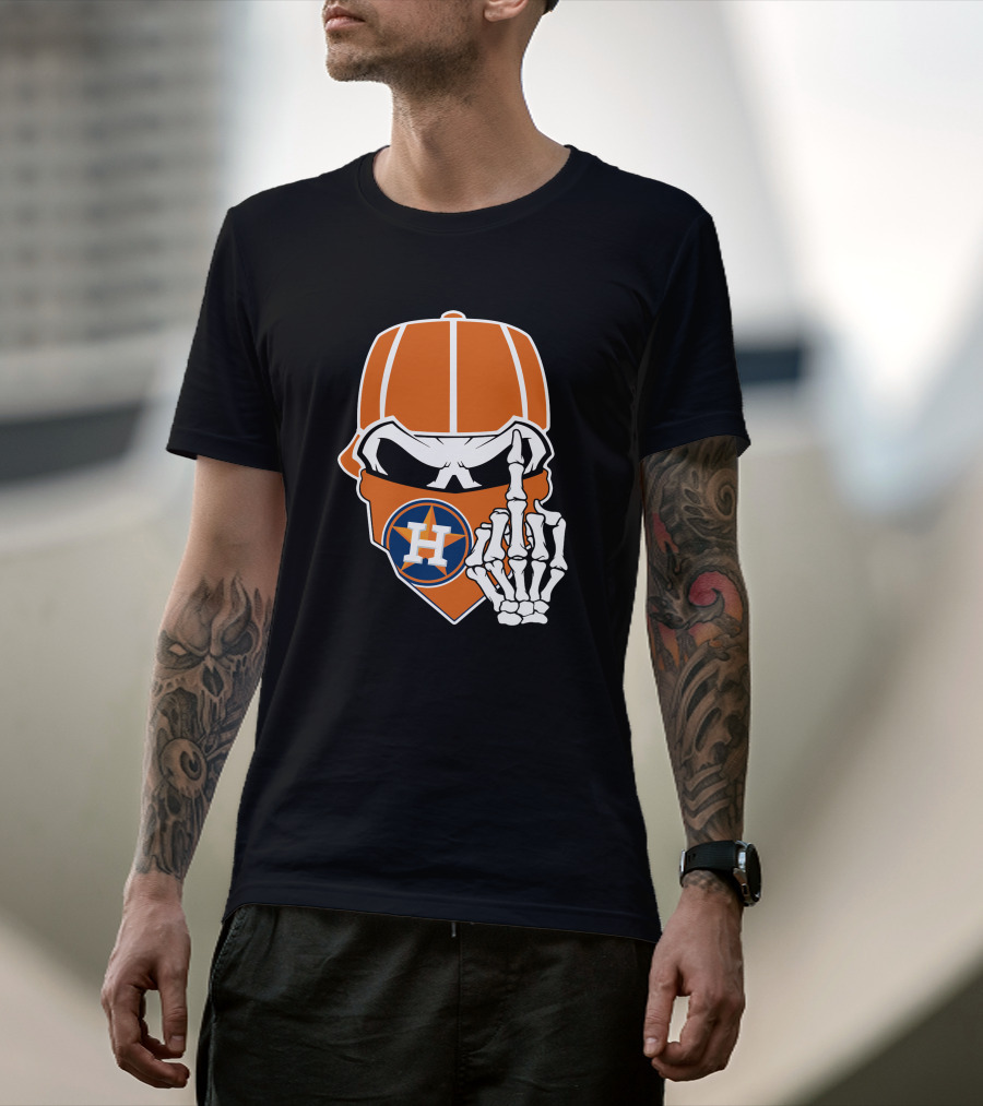 Houston Astros Skull With Cap And Skeleton Hand T-Shirt