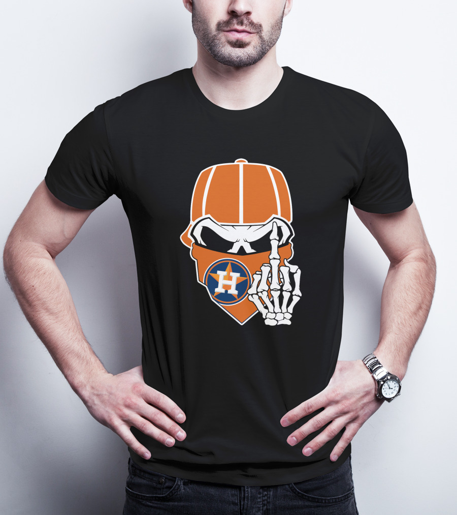 Houston Astros Skull With Cap And Skeleton Hand T-Shirt