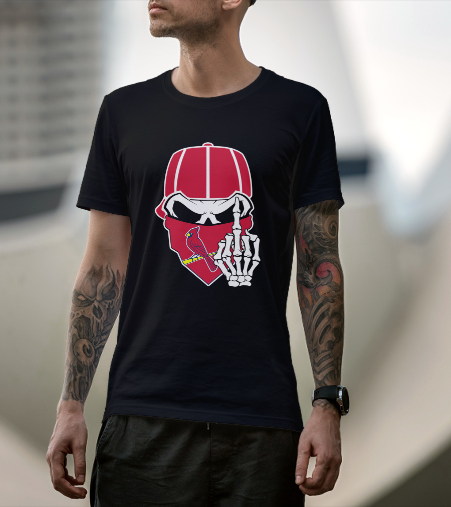 St Louis Cardinals Skull With Bandana And Skeleton Hand T-Shirt