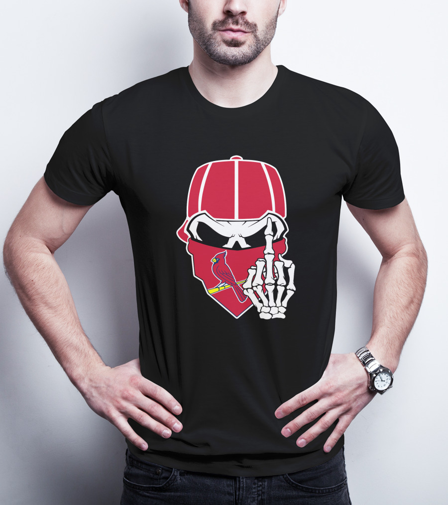 St Louis Cardinals Skull With Bandana And Skeleton Hand T-Shirt