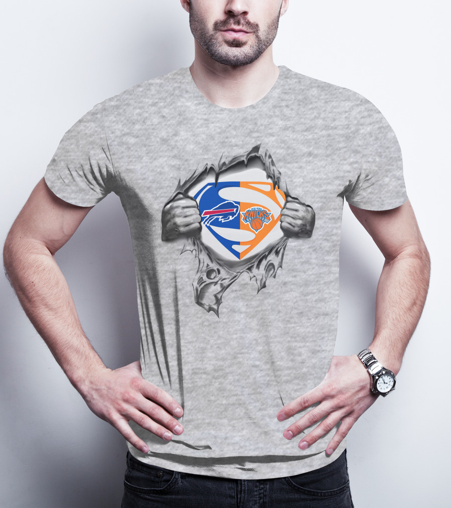 Bills New York Knicks Superman Logo Crossover Busting Through T-Shirt