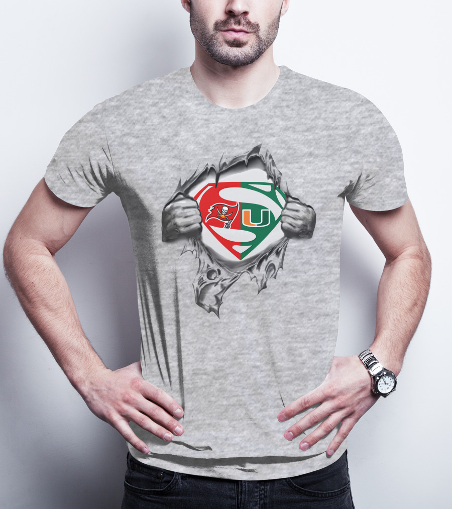 Superman Logo With Buccaneers And Miami Hurricanes Symbols Tear Reveal T-Shirt